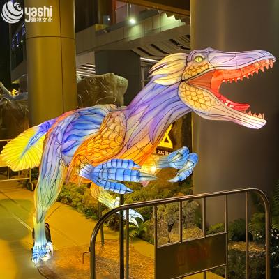China Custom Feathered Velociraptor Dinosaur Zigong Lantern, Giant LED Dinosaur Light Sculpture for Dino‑Theme Park & Outdoor Festival Show for sale