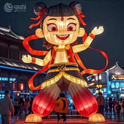 China Custom Nezha Cartoon Character Zigong Lantern, Giant Chinese Myth Figure Light Sculpture, Waterproof Outdoor Temple Town Festival Light Decoration for sale