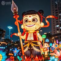 China Custom Nezha Cartoon Character Zigong Lantern, Giant Chinese Myth Figure Light Sculpture, Waterproof Outdoor Temple Town Festival Light Decoration for sale