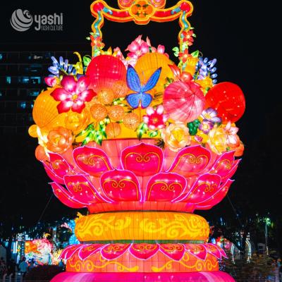 China Custom Giant Flower Basket Zigong Lantern, Large Lotus Floral Butterfly Light Sculpture, Waterproof Outdoor Festival Gate Light Decoration for sale
