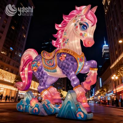 China Custom Colorful Floral Unicorn Horse Lantern, Large Cartoon Animal LED Light Sculpture for City Street Festival Display for sale