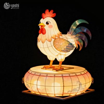 China Custom Chinese Zodiac Rooster Lantern | LED Cartoon Rooster Light Sculpture with Decorative Drum‑Shaped Base for Lunar New Year Outdoor Exhibition for sale
