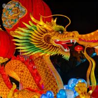 China Custom Chinese Golden Dragon Zigong Lantern with Red Lanterns, Traditional Oriental Loong LED Light Sculpture, Waterproof Outdoor Festival Light Installation for sale