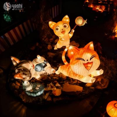 China Custom Cartoon Cat Group Lantern Set, Cute Fishing Cats LED Light Sculpture for Theme Festival Display for sale