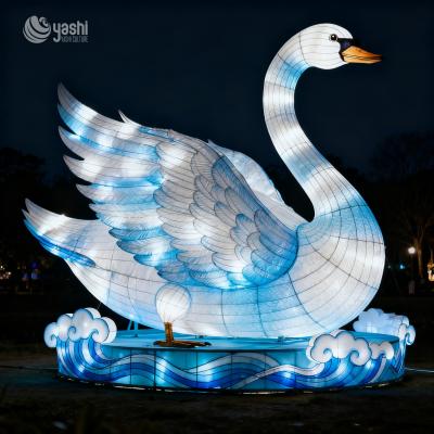 China Custom Large White‑Blue Swan Zigong Lantern, LED Water Bird Light Sculpture with Wave Base for Outdoor Night Festival for sale