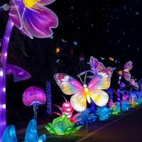 China Custom Giant Purple‑Pink Flower with Butterfly LED Lantern, Tall Floral Light Sculpture for Park Garden Light Festival for sale