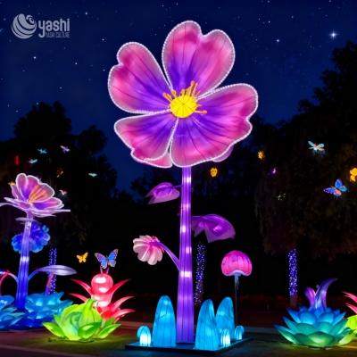 China Custom Giant Purple‑Pink Flower with Butterfly LED Lantern, Tall Floral Light Sculpture for Park Garden Light Festival for sale
