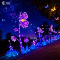 China Custom Giant Purple‑Pink Flower with Butterfly LED Lantern, Tall Floral Light Sculpture for Park Garden Light Festival for sale
