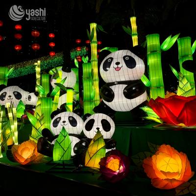 China Custom Panda LED Lantern Scene, Chinese Giant Panda Light Sculpture with Bamboo & Flower for Cultural Theme Park Exhibition for sale