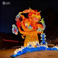 China Custom Coiled Golden Chinese Dragon Zigong Lantern, Mountain Cloud & Wave LED Light Sculpture, Waterproof Outdoor Spring Festival Light Installation for sale