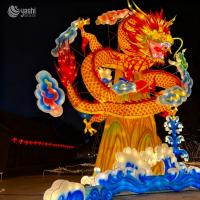 China Custom Coiled Golden Chinese Dragon Zigong Lantern, Mountain Cloud & Wave LED Light Sculpture, Waterproof Outdoor Spring Festival Light Installation for sale