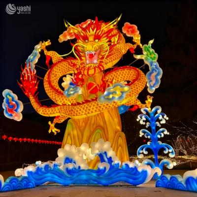 China Custom Coiled Golden Chinese Dragon Zigong Lantern, Mountain Cloud & Wave LED Light Sculpture, Waterproof Outdoor Spring Festival Light Installation for sale