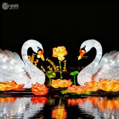 China Custom Floating White Swan & Lotus Lantern Set, Waterproof Water Surface LED Light Sculpture for Lake Park Night Light Festival for sale