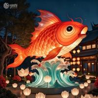 China Custom Giant Koi Fish Lantern, Chinese Traditional Carp LED Light Sculpture With Wave & Lotus Base for New Year Park Light Festival for sale