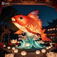 China Custom Giant Koi Fish Lantern, Chinese Traditional Carp LED Light Sculpture With Wave & Lotus Base for New Year Park Light Festival for sale