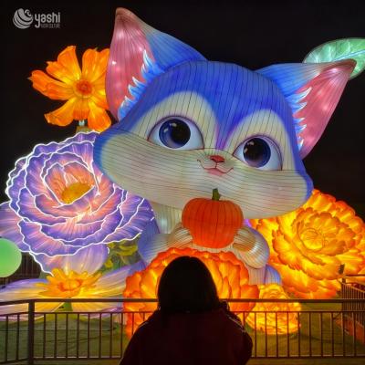 China Custom Cartoon Cat Lantern With Pumpkin & Giant Flower Decor, Cute Animal LED Light Sculpture for Family‑Friendly Theme Park & Night Light Festival for sale