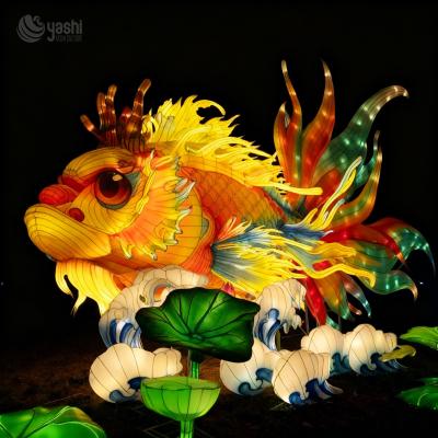 China Custom Chinese Mythical Dragon‑Fish Lantern, Giant Koi Dragon LED Light Sculpture With Lotus & Wave for Lunar New Year Light Festival for sale