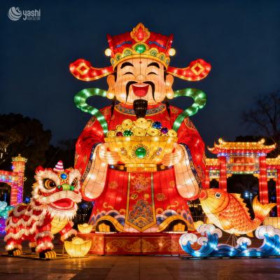 China Custom God of Wealth Zigong Lantern Set, Giant Chinese Fortune God Character LED Light Sculpture with Lion & Fish, Waterproof Lunar New Year Festival Light Installation for sale