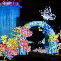 China Custom Lotus Flower Lighthouse & Butterfly Arch LED Lantern Installation, Oriental Floral Light Sculpture for Garden Lantern Festival for sale