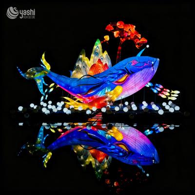 China Custom Whale Lantern Set, Large Ocean‑Theme LED Light Installation With Mountain & Tree Elements for Water Reflection Light Festival for sale