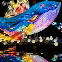 China Custom Whale Lantern Set, Large Ocean‑Theme LED Light Installation With Mountain & Tree Elements for Water Reflection Light Festival for sale