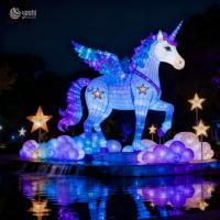 China Custom Pink Winged Unicorn Lantern, Large LED Pegasus Light Sculpture With Flower & Cloud Decor for Fantasy Light Festival for sale