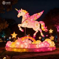 China Custom Pink Winged Unicorn Lantern, Large LED Pegasus Light Sculpture With Flower & Cloud Decor for Fantasy Light Festival for sale