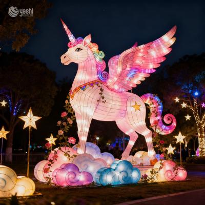 China Custom Pink Winged Unicorn Lantern, Large LED Pegasus Light Sculpture With Flower & Cloud Decor for Fantasy Light Festival for sale