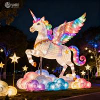 China Custom Pink Winged Unicorn Lantern, Large LED Pegasus Light Sculpture With Flower & Cloud Decor for Fantasy Light Festival for sale