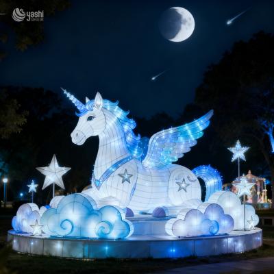 China Custom Winged Unicorn Lantern, Large LED Pegasus Light Sculpture With Cloud & Star Decor for Fantasy Theme Festival for sale