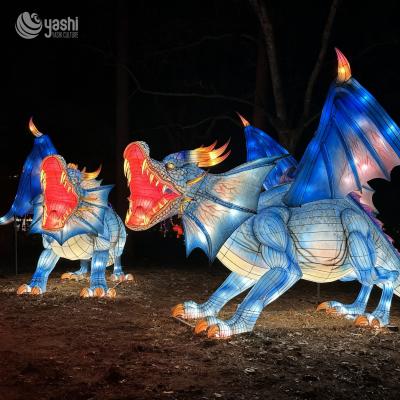 China Custom Blue Winged Dragon Lantern Group, Large Mythical Dragon LED Light Sculpture Set for Theme Park & Night Light Festival for sale