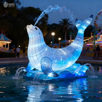 China Custom Sea Lion Lantern, Large Floating LED Sea Lion Light Sculpture With Wave Base for Ocean‑Theme Park & Water Light Festival for sale