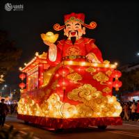 China Custom God of Wealth Parade Float Zigong Lantern, Caishen with Golden Ingot LED Light Sculpture, Waterproof Chinese New Year Parade Light Installation for sale