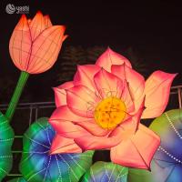 China Custom Giant Red Lotus Flower LED Lantern with Lotus Leaves, Chinese Floral Light Sculpture for Garden & Park Light Festival for sale