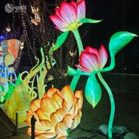 China Custom Giant Red Lotus Flower LED Lantern with Lotus Leaves, Chinese Floral Light Sculpture for Garden & Park Light Festival for sale