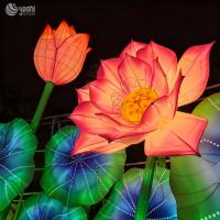 China Custom Giant Red Lotus Flower LED Lantern with Lotus Leaves, Chinese Floral Light Sculpture for Garden & Park Light Festival for sale