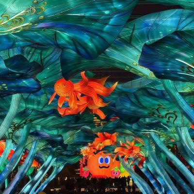 China Custom Lotus Pond Goldfish & Lotus Leaf Walk‑Through Light Tunnel, Oriental Themed Giant Lantern Installation for Cultural Festival for sale