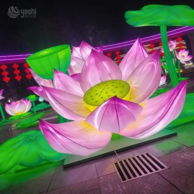 China Custom Giant Pink Lotus Flower LED Lantern with Seed Pod & Leaves, Oriental Floral Light Sculpture for Park Cultural Light Festival for sale
