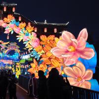 China Custom Pink & Yellow Lotus Lantern With Rockery, Large LED Floral Light Sculpture for Chinese Lantern Festival for sale