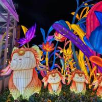 China Custom Cartoon Mythical Beast Family LED Lantern Set, Cute Animal Light Sculptures with Giant Floral Scenery for Theme Park Lantern Show for sale
