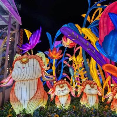 China Custom Cartoon Mythical Beast Family LED Lantern Set, Cute Animal Light Sculptures with Giant Floral Scenery for Theme Park Lantern Show for sale
