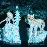 China Custom Lynx Wildcat LED Lantern Set, Forest‑Theme Animal Light Sculpture With Pine Tree for Outdoor Night Lantern Show for sale