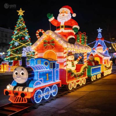 China Commercial LED Christmas Train Light Sculpture Scene, Giant Illuminated Santa Train Lantern Set for Outdoor Light Festival for sale