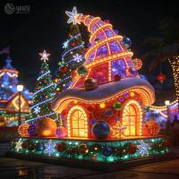 China Giant Elf Roof Christmas House Light Sculpture, Custom Outdoor LED Christmas Cabin Lantern with Xmas Tree Set for sale
