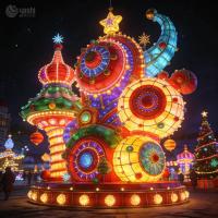 China Giant Elf Roof Christmas House Light Sculpture, Custom Outdoor LED Christmas Cabin Lantern with Xmas Tree Set for sale