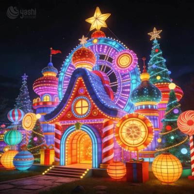 China Custom Christmas Castle LED Light Arch, Giant Candy House Light Sculpture Scene for Outdoor Theme Park Light Show for sale