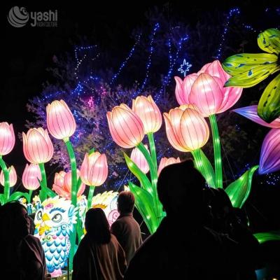China Custom Giant Pink Tulip Lantern Group, Large LED Tulip Flower Light Sculptures for Light Festival Park Display for sale