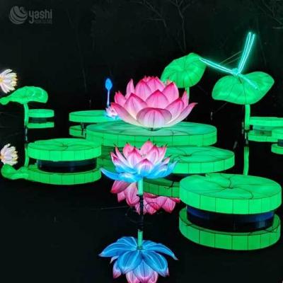 China Custom Water‑Floating Lotus & Dragonfly Lantern Set, Large LED Aquatic Floral Light Sculpture for Lake Festival for sale