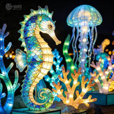 China Custom Seahorse & Jellyfish Under‑Sea LED Lantern Set, Marine Animal Light Sculpture for Ocean Theme Light Festival for sale
