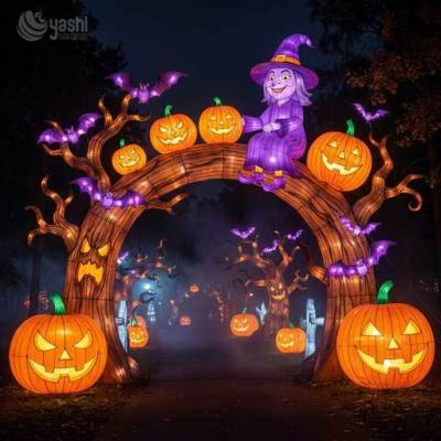 China Custom Cheerful Witch Halloween Arch Lantern, Large LED Spooky‑Tree Entry Gate Light Sculpture with Pumpkin & Bat for sale